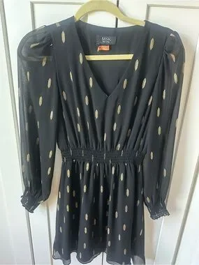 MSK | Dresses | Msk Black Dress With Gold Leaf Print And Smocked Waist ...